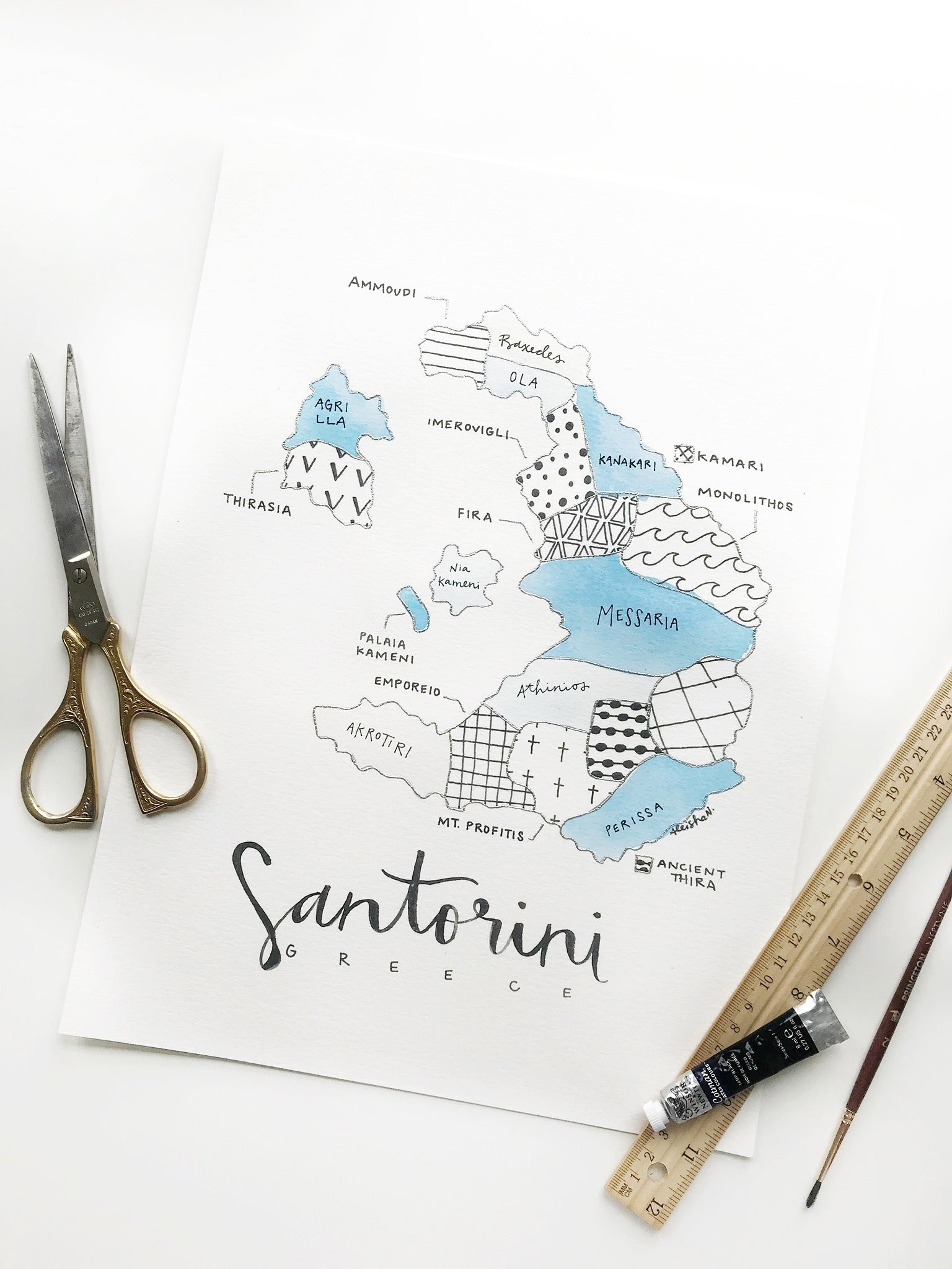 Hand Painted Santorini Map – (BY) ALEISHA
